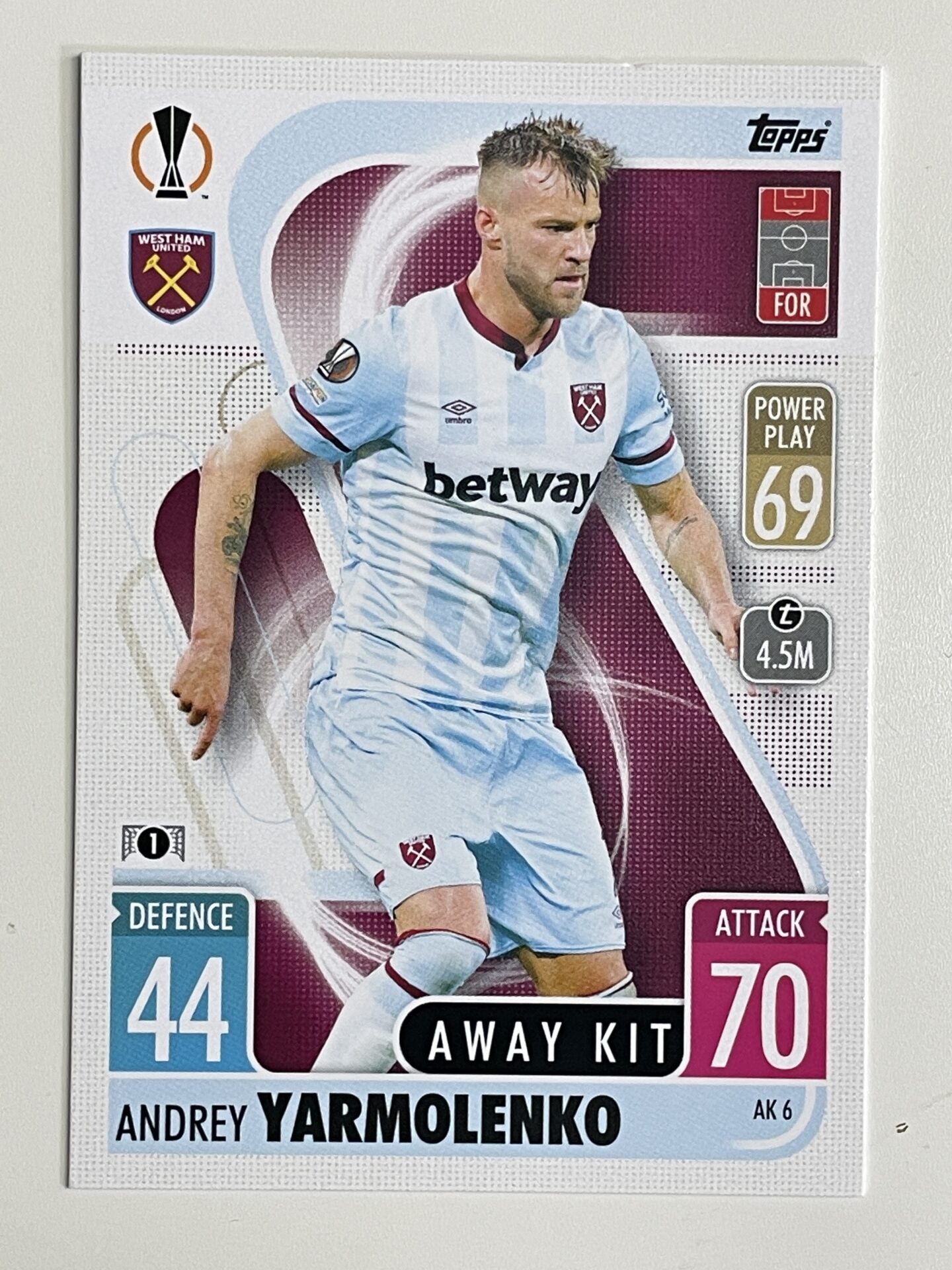 AK6 Andrey Yarmolenko West Ham Away Kit Topps Match Attax Extra 2021/2 ...