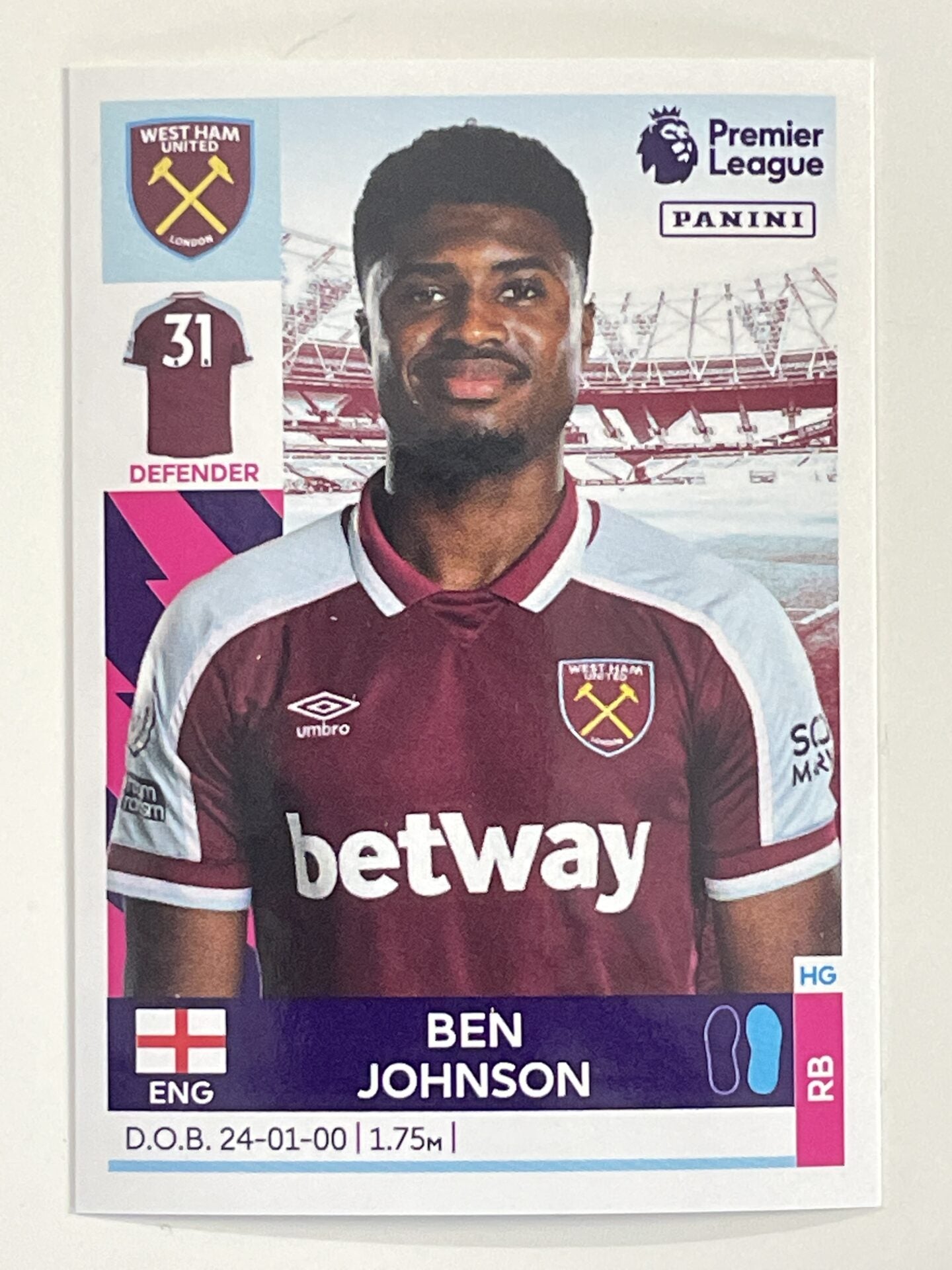 590 Ben Johnson Base West Ham Panini Premier League 2022 Sticker ...